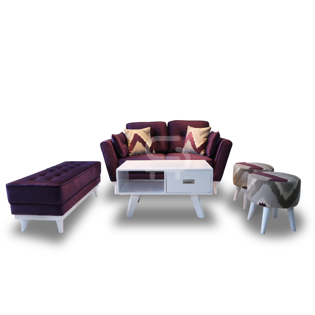 sofa set scandi 2 seat + bench + meja laci + 2 stool